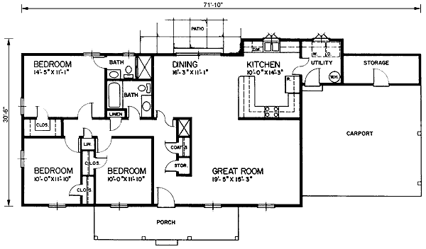 House Plan 45217 - Ranch Style with 1498 Sq Ft, 3 Bed, 2 Bath ...
