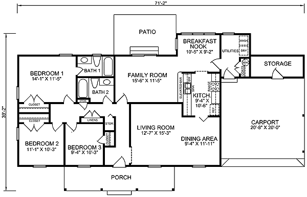 House Plan 45218 - Ranch Style with 1547 Sq Ft, 3 Bed, 2 Bath ...