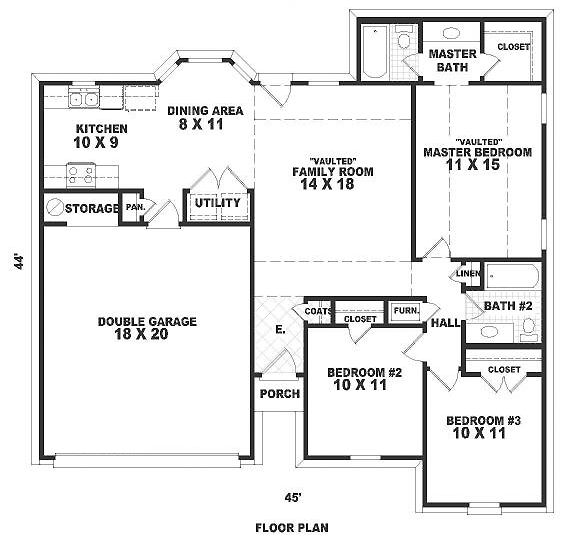 House Plan 46400 - Ranch Style with 1266 Sq Ft, 3 Bed, 2 Bath ...