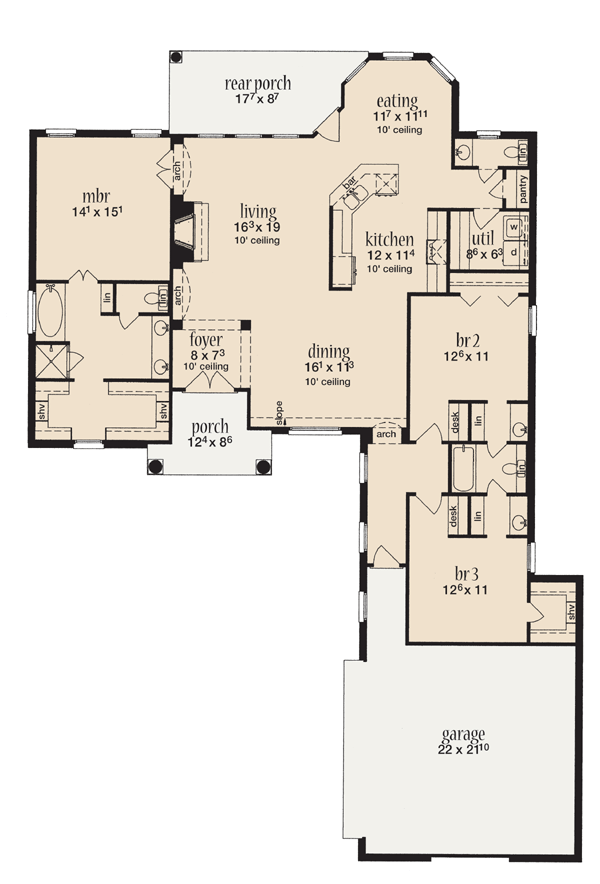 House Plan 56341 - One-Story Style with 1998 Sq Ft, 3 Bed, 2 Bath ...
