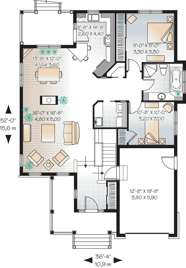 House Plan 65492 - Country Style with 1281 Sq Ft, 2 Bed, 1 Bath ...