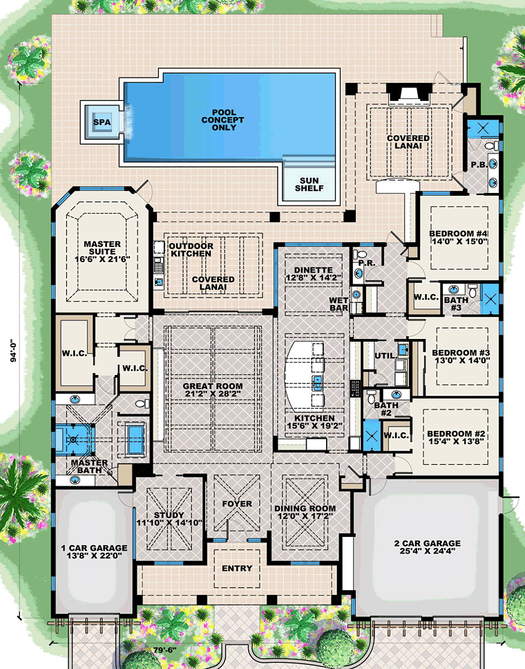 House Plan 75987 - Florida Style with 4027 Sq Ft, 4 Bed, 4 Bath ...